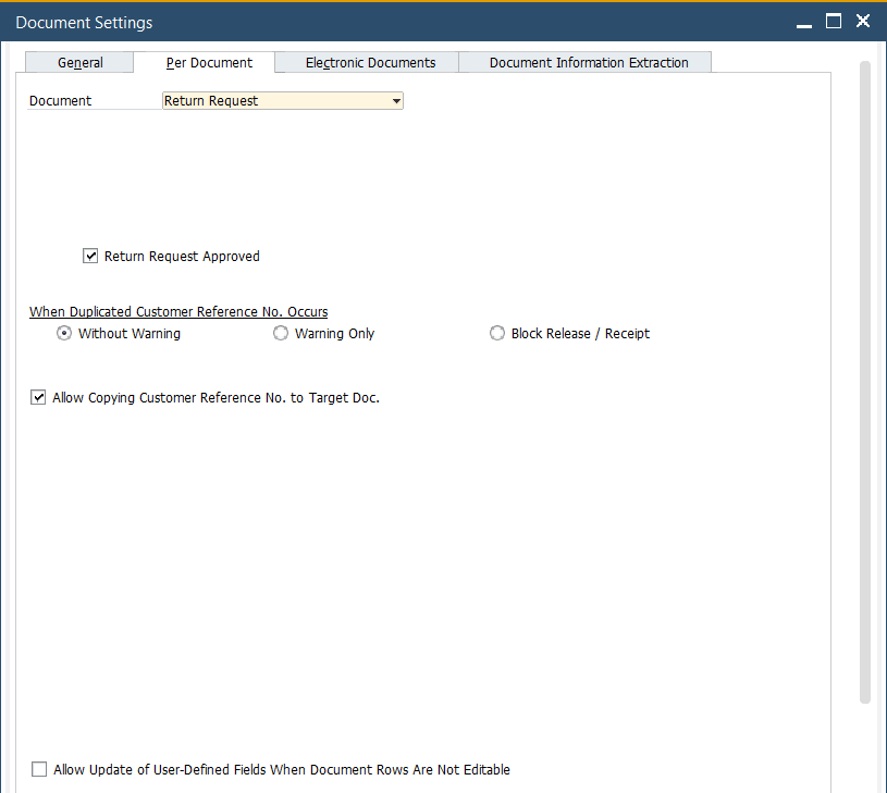 Thiết lập chứng từ Return Request