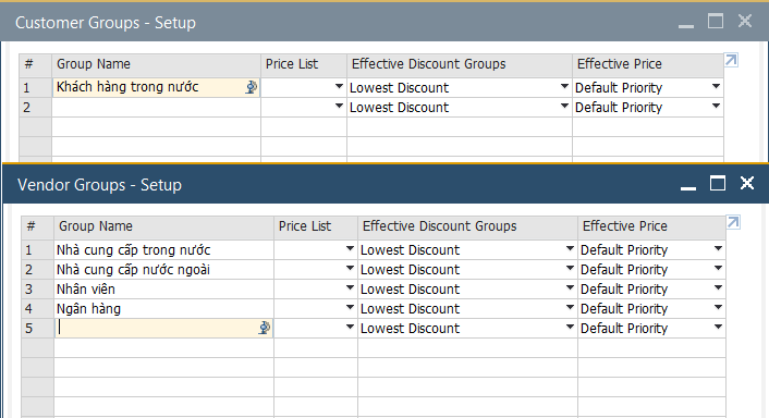 Thiết lập nhóm khách hàng/nhà cung cấp (Customer / Vendor Groups - Setup)