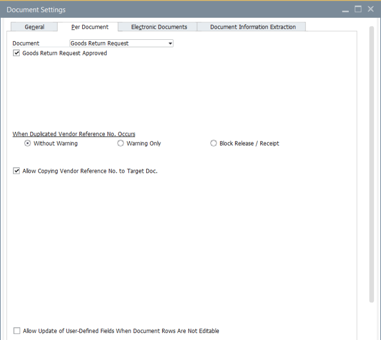 Thiết lập chứng từ Goods Return Request