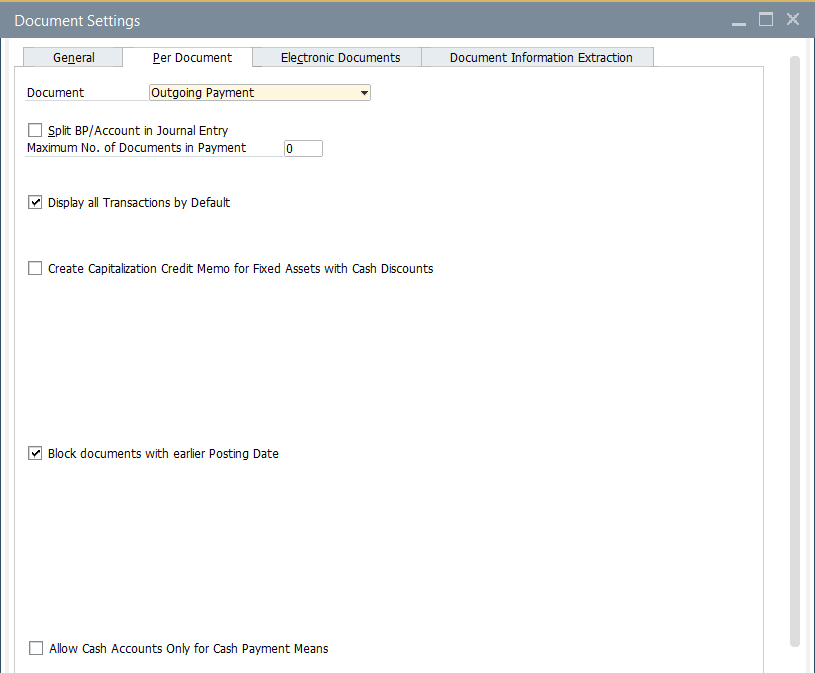 Thiết lập chứng từ Outgoing Payment
